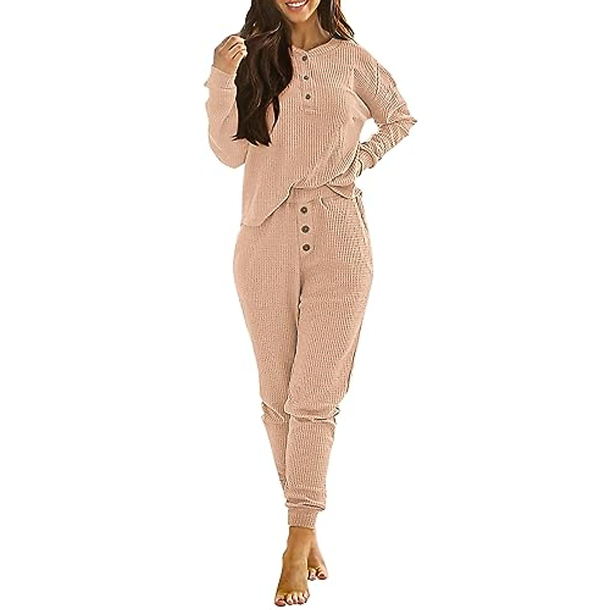 PRETTYGARDEN Women's 2 Piece Waffle Knit Lounge Outfit Long Sleeve Henley Top and Sweatpants Set Tracksuit (Khaki,Medium)