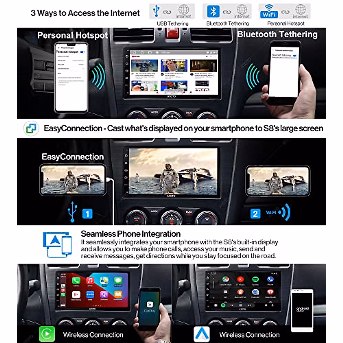 ATOTO S8 Premium 7inch Double-DIN Android Car Stereo, Wireless CarPlay & Android Auto, Dual Bluetooth w/aptX HD, QLED Display,Split Screen, HD Rearview with LRV, USB tethering,SCVC and More, S8G2B74PM