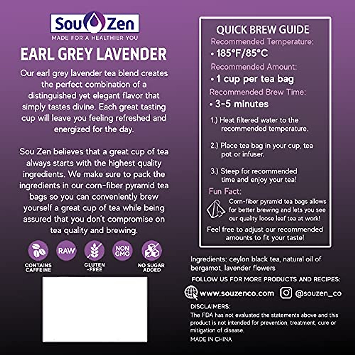Sou Zen Earl Grey Lavender Tea 30 Corn-fiber Pyramid Tea Bags | Premium Quality Tea Leaves and Flowers | Raw and Naturally Organic Ingredients | Energizing and Revitalizing Tea with No Additives