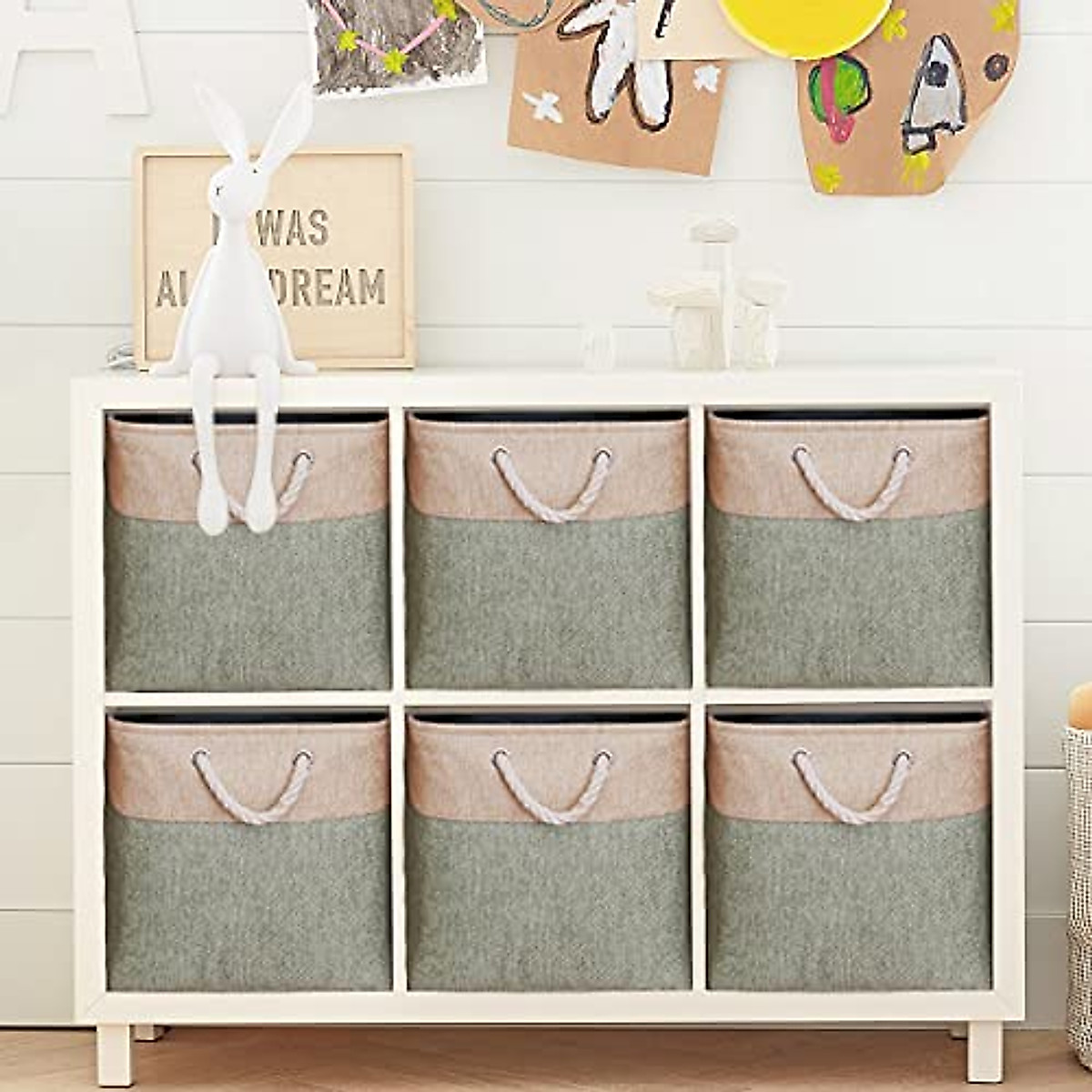 Extra Large Cube Storage Baskets (13 × 13 × 13 inches), Canvas Fabric Storage Boxes with Cotton Handles for Cupboards, Shelves, Clothes, Toys, Towel (Large, Green)