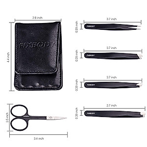 FIXBODY Tweezers Set 5-Piece - Professional Stainless Steel Tweezers with Curved Scissors, Best Precision Tweezer for Eyebrows, Splinter & Ingrown Hair Removal with Leather Travel Case