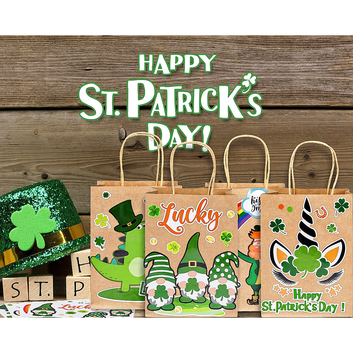 Whaline St Patrick's Day Kraft Paper Gift Bags Party Bag with Handles 24 Sheet DIY Stickers Shamrock Green Unicorn Gnome Goody Bags Irish Birthday Party Supplies Gift Wrap, 6 x 3 x 8.3inch