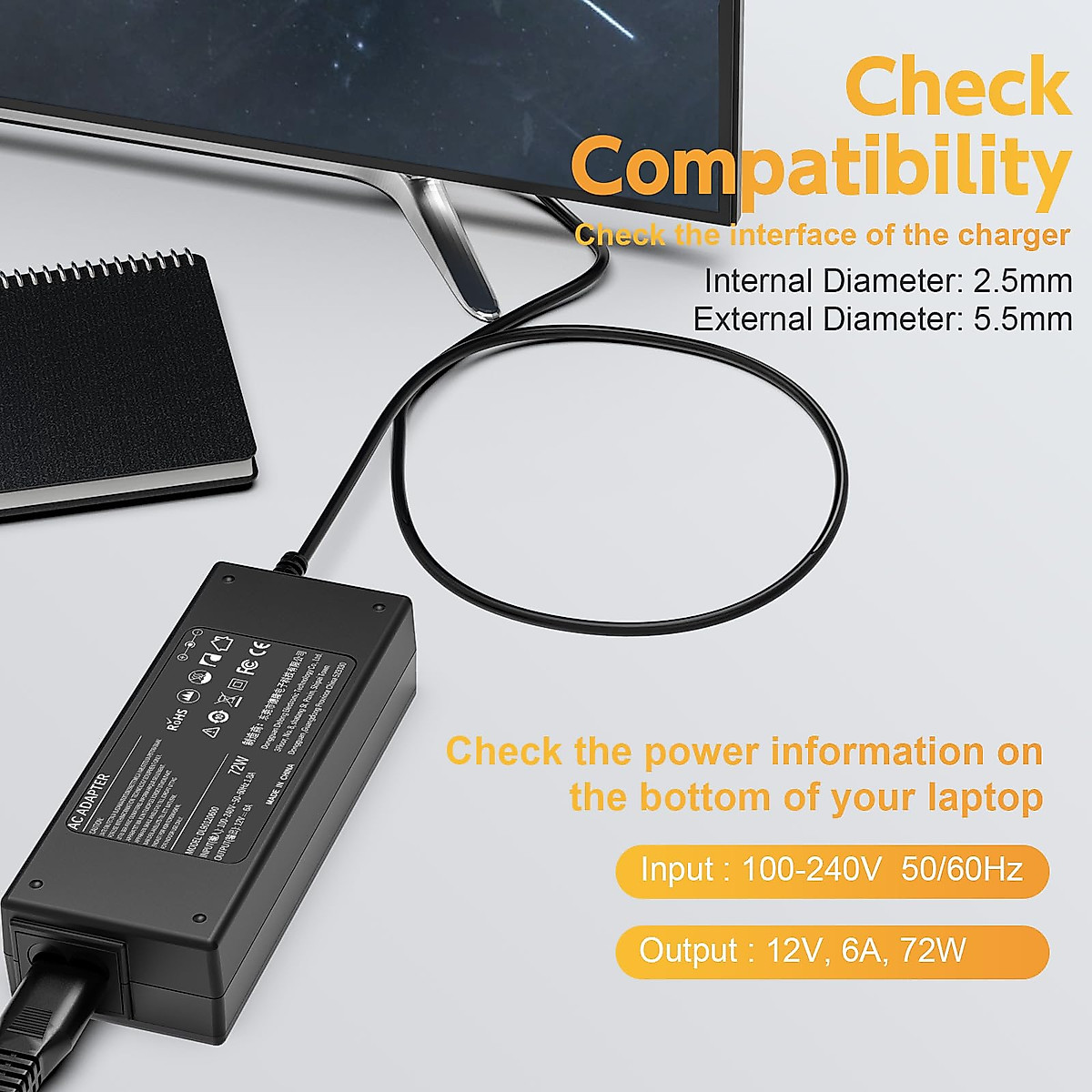 12V Power Cord for Insignia TV 32" 28" 24" 20" 19", NS-32D312NA15, NS-32D312NA19, NS-32D311NA15, NS-32D220NA16, NS-24ED310NA15, NS-19E310A13, NS-24E200NA14, NS-32D420NA16 Power Supply