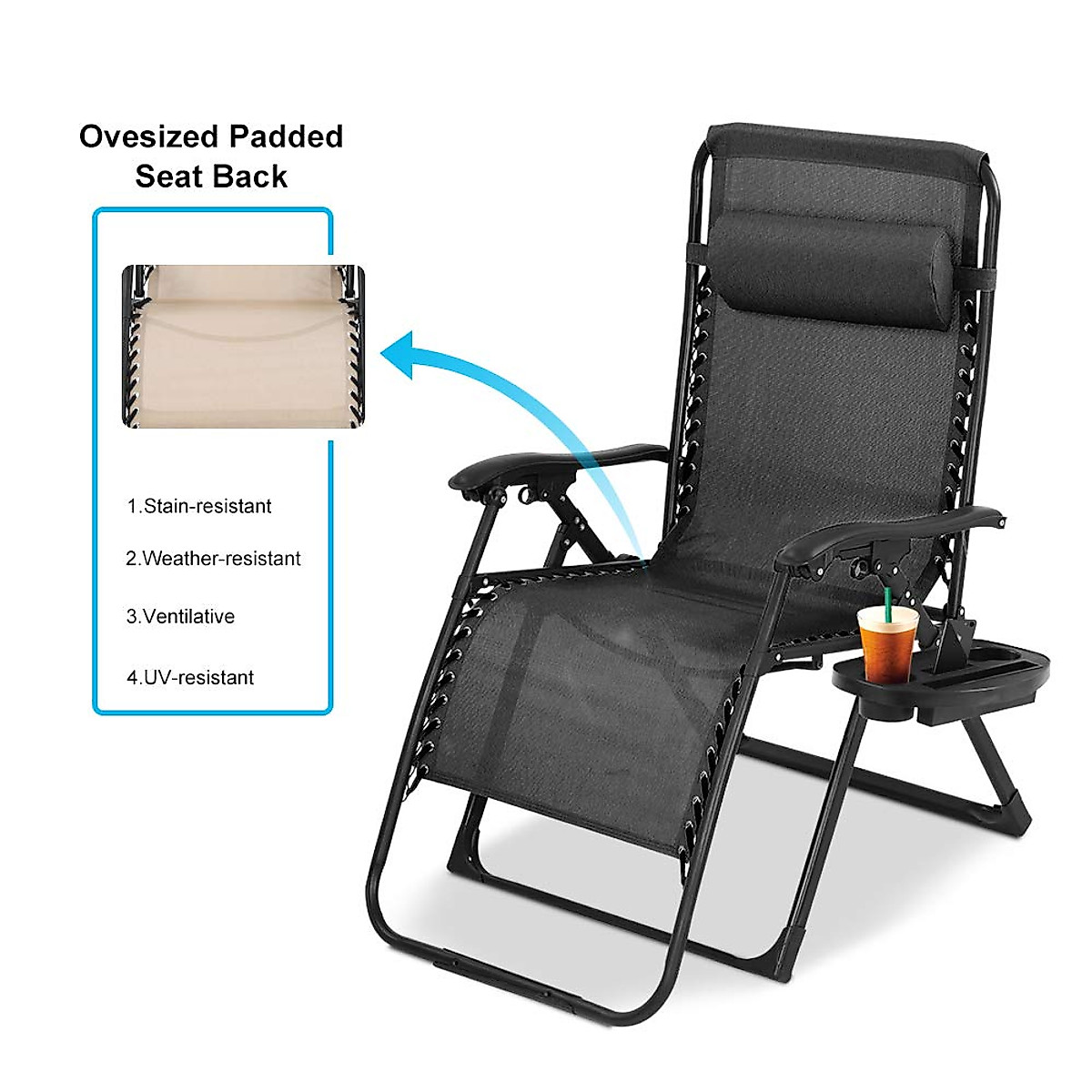 Outdoor Oversized Zero Gravity Chair, XL Adjustable Patio Lounge Recliner Chair with Lumbar Support and Pillow, Folding Recliner for Backyard, Beach, Lawn Pool Deck Camping with Cup Holder, Black