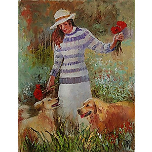 (SOLD) The Puppies and Poppies - female figure and Golden Retrievers by internationally renown painter Yary Dluhos