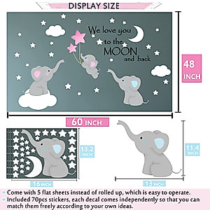 Family Elephant Wall Decal Baby Nursery Decor Kids Room Wall Stickers Large Cute Lovely Elephant Decals with Moon Stars Quote Home Decorations Love You to The Moon and Back 60''W x48''H