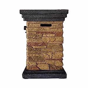 Teamson Home 40,000 BTU Square Slate Rock Look Steel Outdoor Fire Pit Pillar Outside Propane Gas Firepit with 6.6 Pounds Lava Rocks and PVC Cover for Patio Garden Backyard, 20 Inch, Brown