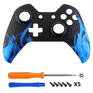 eXtremeRate Blue Flame Soft Touch Grip Front Housing Shell Faceplate for Standard Xbox One Controller (Fits Both with 3.5mm Port and without 3.5 mm Port)