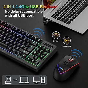 BlueFinger Wireless Gaming Keyboard and Mouse Combo, Long Lasting Rechargeable Battery 87 Keys RGB Rainbow Backlit Gaming Keyboard & Ergonomic Light Up Gaming Mice for Mac Laptop Computer PC Gamer