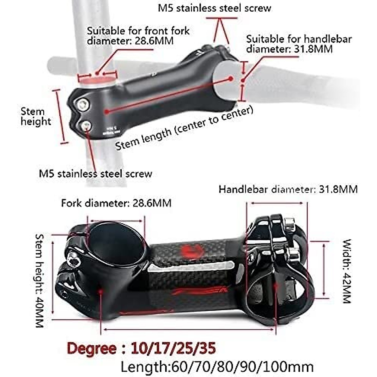 ZECHAO 31.8mm Crabon Fiber Bike Stem,10/17/25/35 Degree Mountain Bike Stems 70/80/90/100mm Handlebar Stem Mountain Part Bike Stem Bike Stem (Color : Black, Size : 25 Degree 80mm)