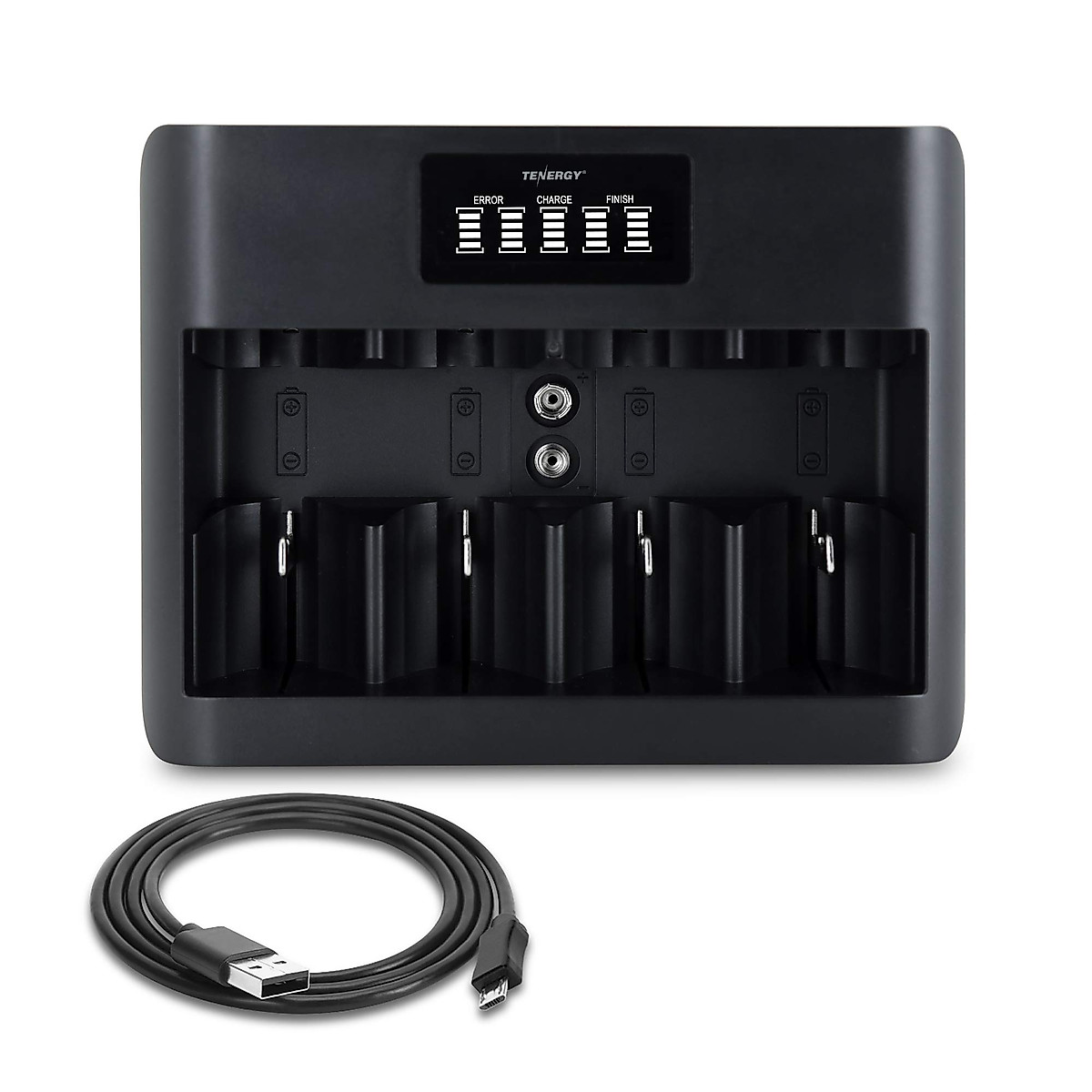 Tenergy TN486U 5-Bay Universal Battery Charger with LCD, Micro USB/Type C Input, for AA, AAA, C, D, and 9V Rechargeable Batteries
