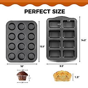 HONGBAKE Nonstick Muffin Pan 12 Cup and Mini Loaf Pans 8 Cavity, Cupcake Tin for Baking and Small Banana Bread Tray - Grey