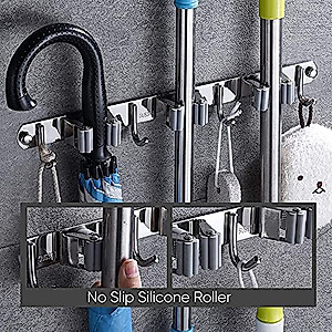 1 Pack Broom Mop Holder Wall Mount Garage Organization Wall Organizer Storage Broom Closet Kitchen Organization Heavy Duty Garage Tools Hanger with 3 Racks 4 Hooks for Home Kitchen Laundry Room (Grey)