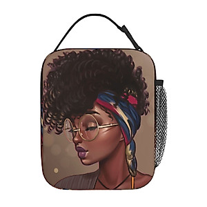 Abucaky African American Girl Portable Lunch Bag Insulated Meal Bag Reusable Lunch Box Black Woman Cooler Bag Food Container For School Work Travel Picnic Camping