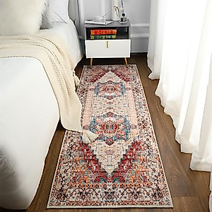 Comeet Washable Runner Rug - 2x6 Boho Hallway Runner Rug, Non-Slip Kitchen Bathroom Runner Rugs, Long Vintage Accent Area Rug for Entryway Laundry Bedroom Orange/Blue