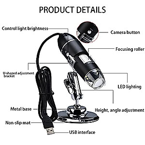 N/A Adjustable 1600X 3 in 1 USB Digital Microscope Type-C Electronic Microscope Camera for 8 LED Zoom Magnifier (Color : Black, Size : 1600X)