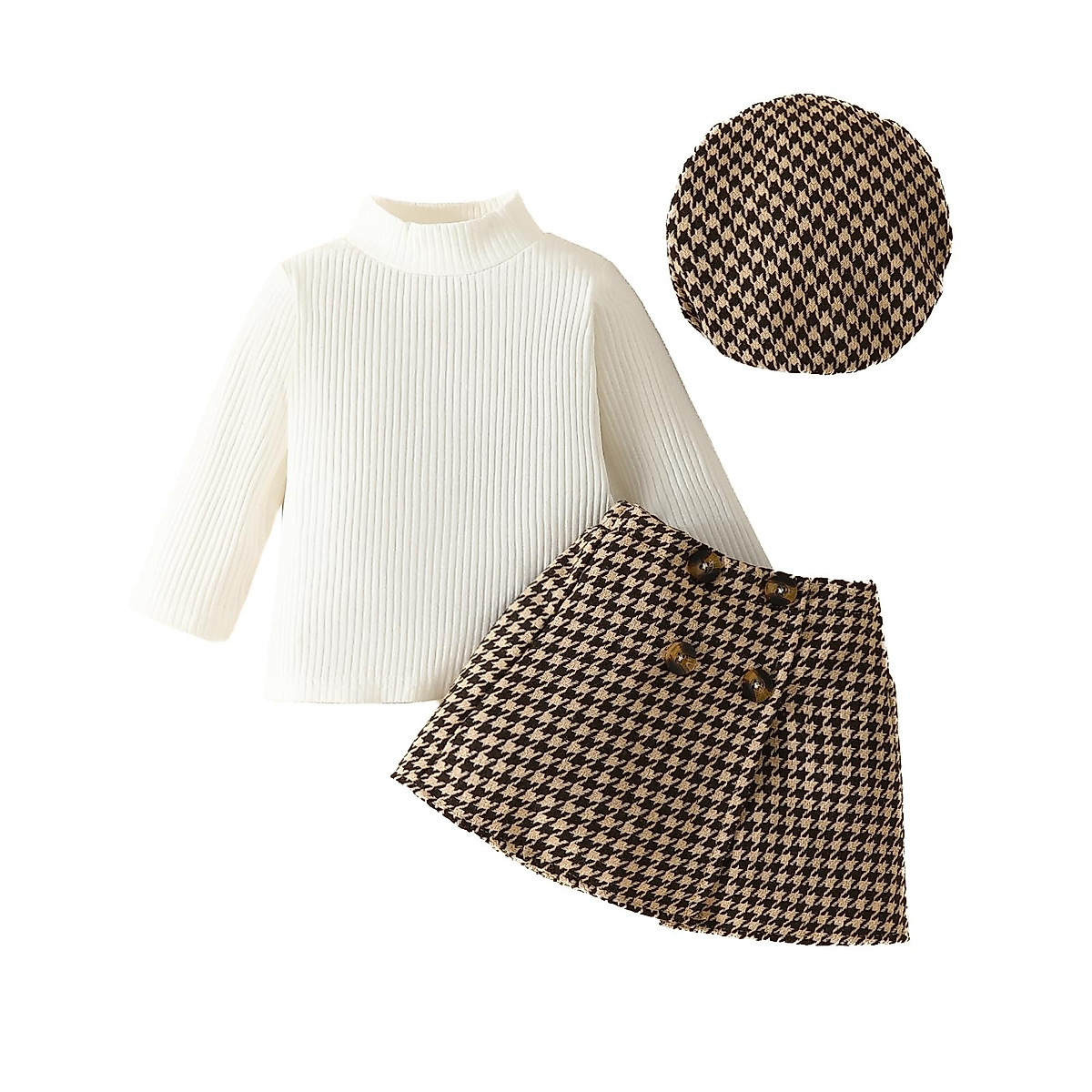 TUSFTAY Toddler Baby Girl Outfits Fall Winter Clothes Ribbed Long Sleeve Tops Houndstooth Print Mini Skirts Beret 3PCS Set (B White, 18-24 Months)