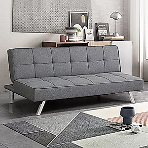 Walnut Convertible Futon Grey Linen Fabric Sofa Bed Adjustable Sleeper with Stainless Steel Legs