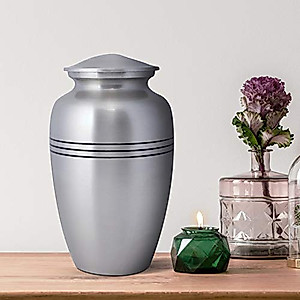 Pewter Large Urn for Human Ashes - A Beautiful and Humble Urn for Your Loved Ones Remains. This Lovely - Urn Will Bring You Comfort Each Time You See It, Size 10x6.75 inch-Silver with 3 Lines