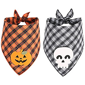 Dog Halloween Bandana 2Pack, Plaid Triangle Scarf with Designer Appliques for Dogs