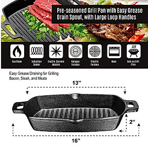 Bruntmor 13-Inch Cast Iron Grill Pan Pre-Seasoned Cast Iron Pan for Stovetop and Outdoor Use - Induction Compatible Griddle Cookware with Ridges for Steak, Meats, and Vegetables
