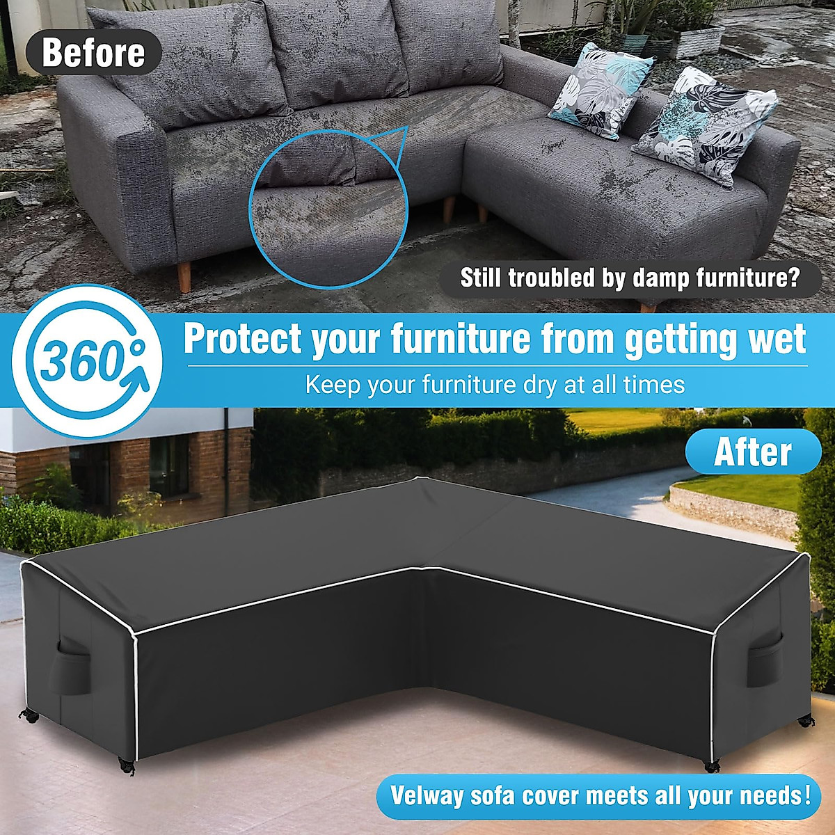 Velway Patio Sectional Sofa Cover V-Shaped Waterproof Super Windproof Sectional Couch Cover 100"x100" for Outdoor Garden Heavy-Duty UV Resistant Furniture Cover with 2 Air Vents Black