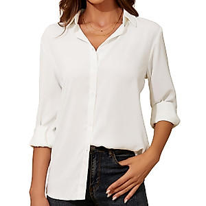 YAMANMAN Womens Button Down Shirt Long Sleeve Classic Collared Tops Work Office Casual Chiffon Blouse White