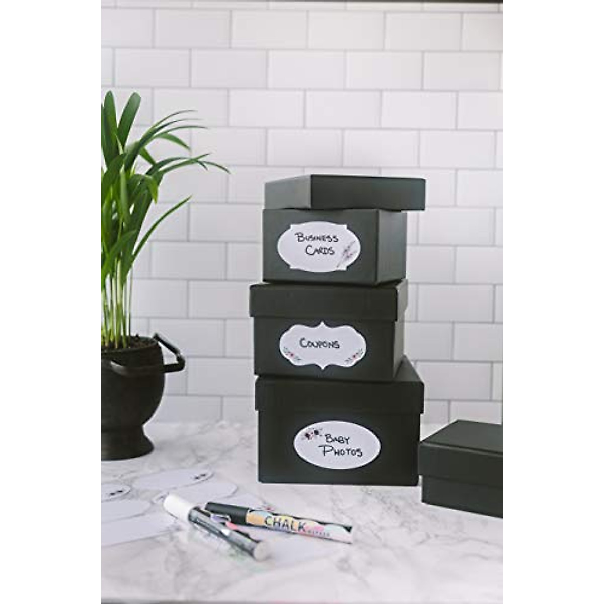 Inspired Designs Floral Chalkboard Label Stickers with 2 Chalk Pens - 120 Pcs Multi-Purpose Chalk Sticker Labels for Storage Bins, Spice Jars - 3.5”x2” Reusable Waterproof Pantry Labels for Organizing