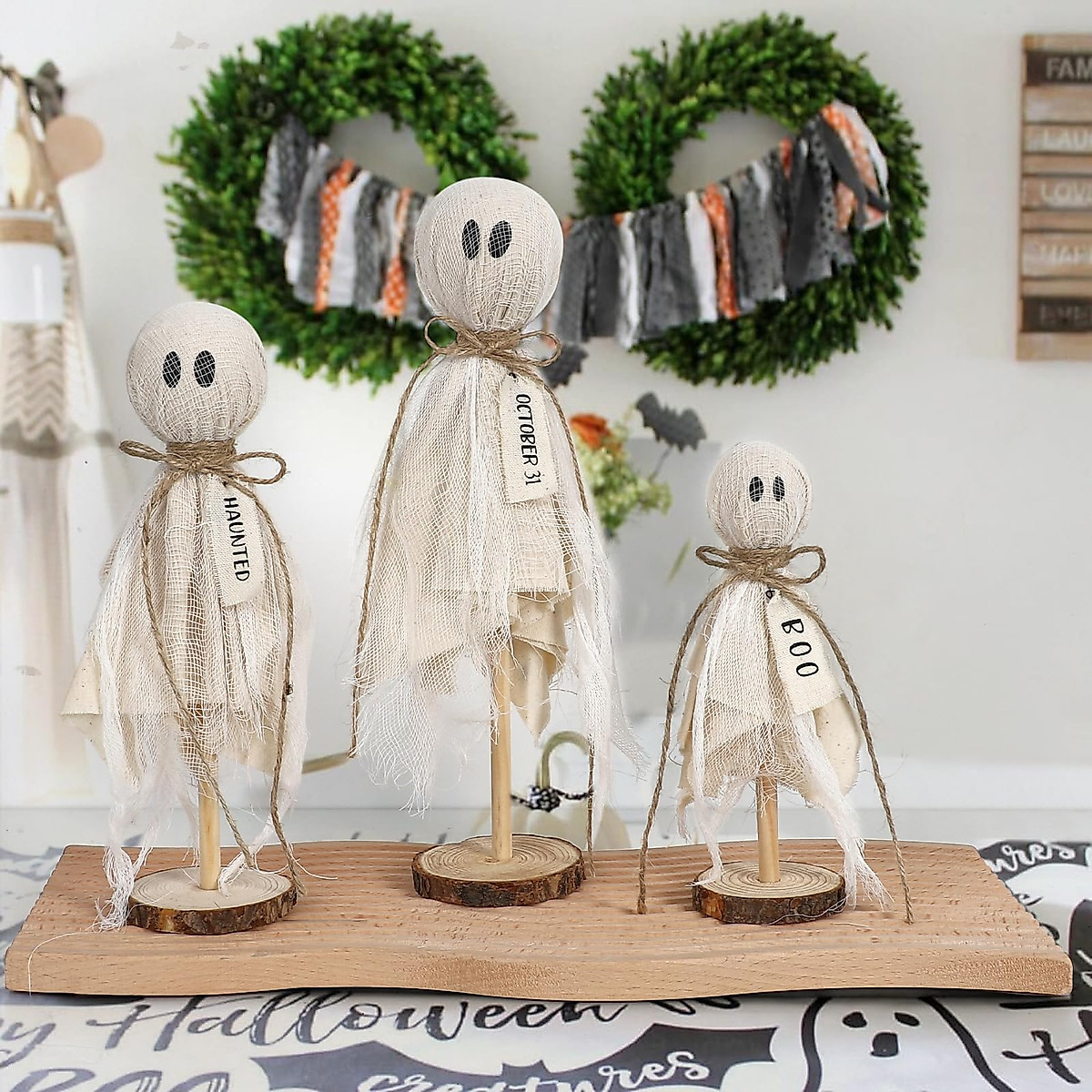 DAZONGE Halloween Decorations Indoor - Set of 3 Primitive Halloween Ghosts on Wooden Stand for Table Centerpieces, Shelves, and Mantels - Spooky Halloween Decor