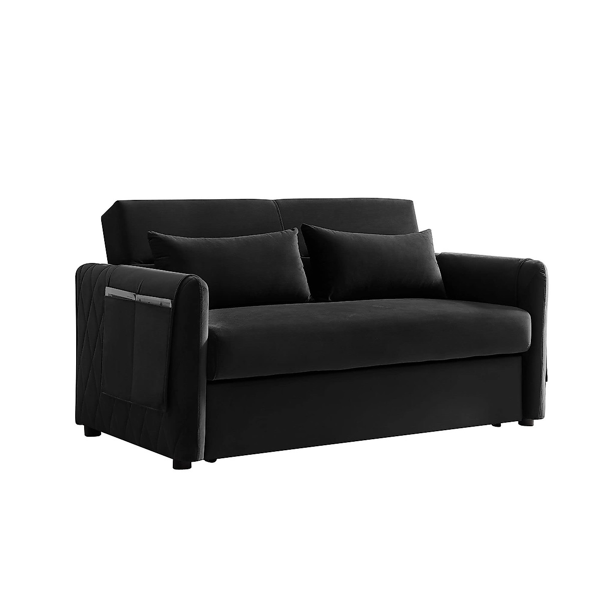Monkey Patio 59.5 Inches Modern Velvet Loveseat with Pull-Out Convertible Sleeper Sofa Bed, 2 Arm Pockets, 2 Pillows and Adjustable Backrest for Living Room, Grid Design Armrests (Black)