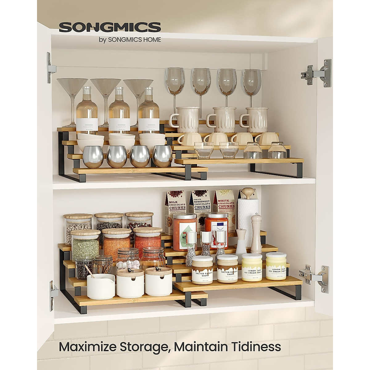 SONGMICS Display Risers, Set of 2 Engineered Wood Perfume Organizer Stand, 4-Tier Cupcake Stand Holder, Spice Rack, Shelf Risers for Figures, Dessert Shelves, Natural Beige and Ink Black UKCS216N01