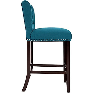 Brage Living 28 Inch Bar Stool, Linen Fabric Button Tufted Barstool with Back, Solid Wood Legs, Nailhead Trim, Upholstered Armless Bar Chair for Kitchen Dining Cafe (Lake Blue)