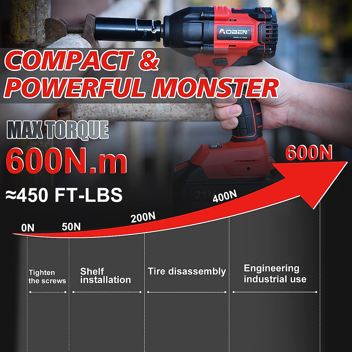 AOBEN 21V 1/2 Cordless Impact Wrench, High Torque Brushless Impact Wrench Set, Max Torque 450 ft-lbs (600N.m), 4.0Ah Li-ion Battery, 7 PCS Sockets 1 Extension Bar, Fast Charger and Tool Bag