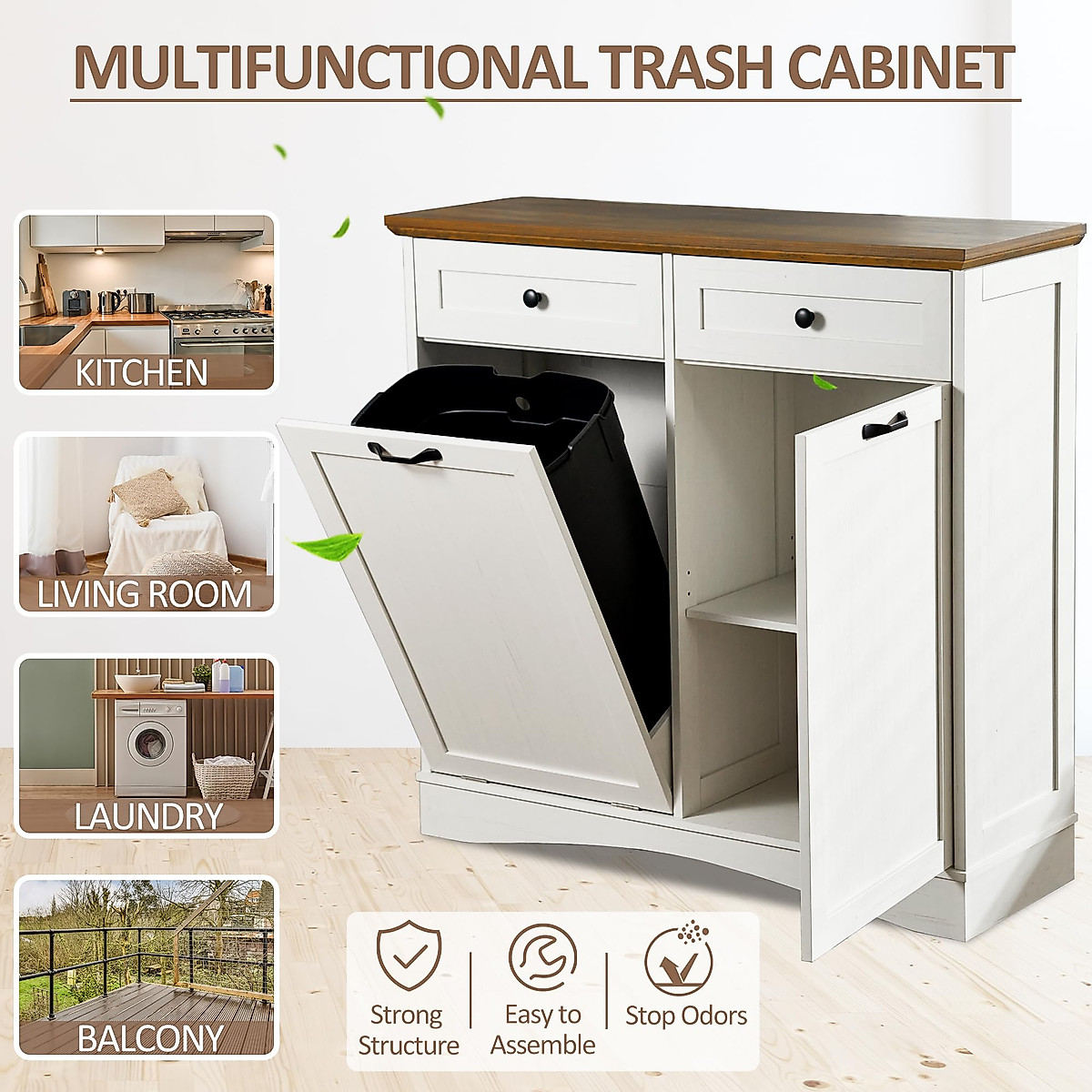 AHB 13 Gallons Tilt Out Trash Cabinet Kitchen Wood Trash Can Cabinet with Hideaway Drawers Freestanding Hidden Garbage Recycling Cabinet Pet Proof Trash Can for Kitchen Living Room, Antique White