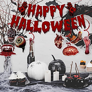 Quimoy Scary Halloween Banner, Happy Halloween Party Decorations, Scary Halloween Decorations with 8Pcs Halloween Hanging Swirls for Halloween Party Indoor Outdoor