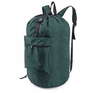 BeeGreen Dark Green College Dorm Essentials Laundry Bag Backpack for Travel w Adjustable Shoulder Straps& Drawstring Closure X-Large Portable Laundry Sack w Handle Sturdy Dirty Clothes Hamper Bag for Trip