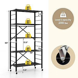 GOFLAME 5-Tier Folding Storage Shelf, Adjustable Shelves with Wheels, Detachable Shelving Unit, Large Capacity, Storage Rack for Garage, Kitchen, Balcony, Living Room, Black