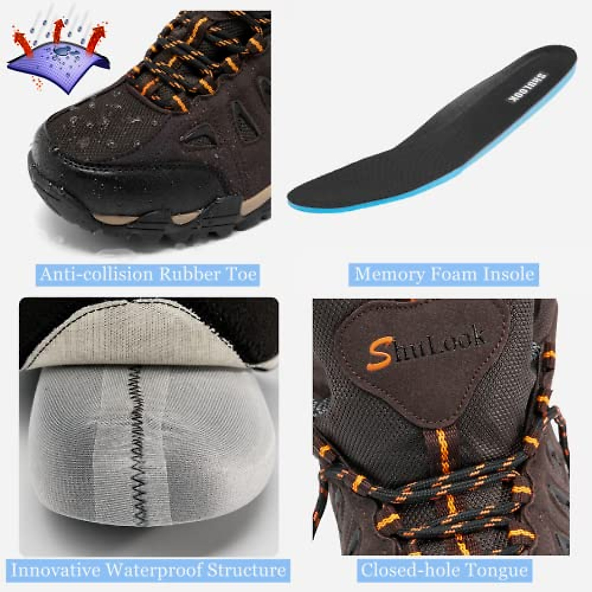 SHULOOK Men's Waterproof Hiking Shoes Lightweight Anti Slip Outdoor Ankle Boots Breathable Hike Trekking Trails Shoe Brown/Orange 10