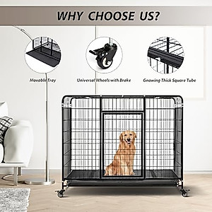 Azaeahom 49" Heavy Duty Dog Crate for Large Dogs, Extra Large Dog Cage Kennel with Double Door, 360°Lockable Wheels, Removable Tray for Easy Cleaning, Indoor/Outdoor