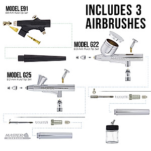 Master Airbrush Cool Runner II Dual Fan Air Compressor Airbrushing System Kit with 3 Professional Airbrush Sets, 0.2, 0.3 mm Gravity & 0.8 mm Siphon Feed - Hose, Holder, How To Airbrush Learning Guide