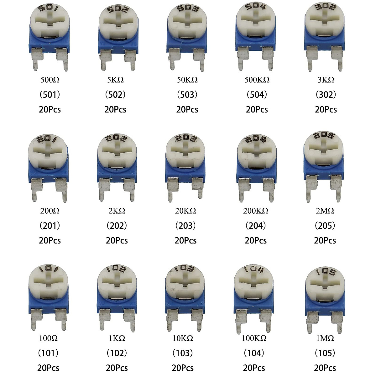 300Pcs 15 Value 100 ohm- 2M ohm Trimpot Variable Resistor 6mm Potentiometer Assortment Kit