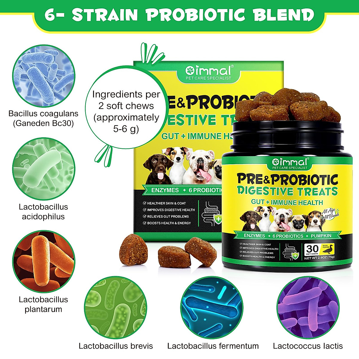 Probiotics for Dogs (Duck 30PCS), Probiotic Chews for Dogs with Digestive Enzymes, Dog Probiotics for Yeast, Itchy Skin, Anti Diarrhea, Gut Digestive Health, Allergy & Immune Support - for All Breeds
