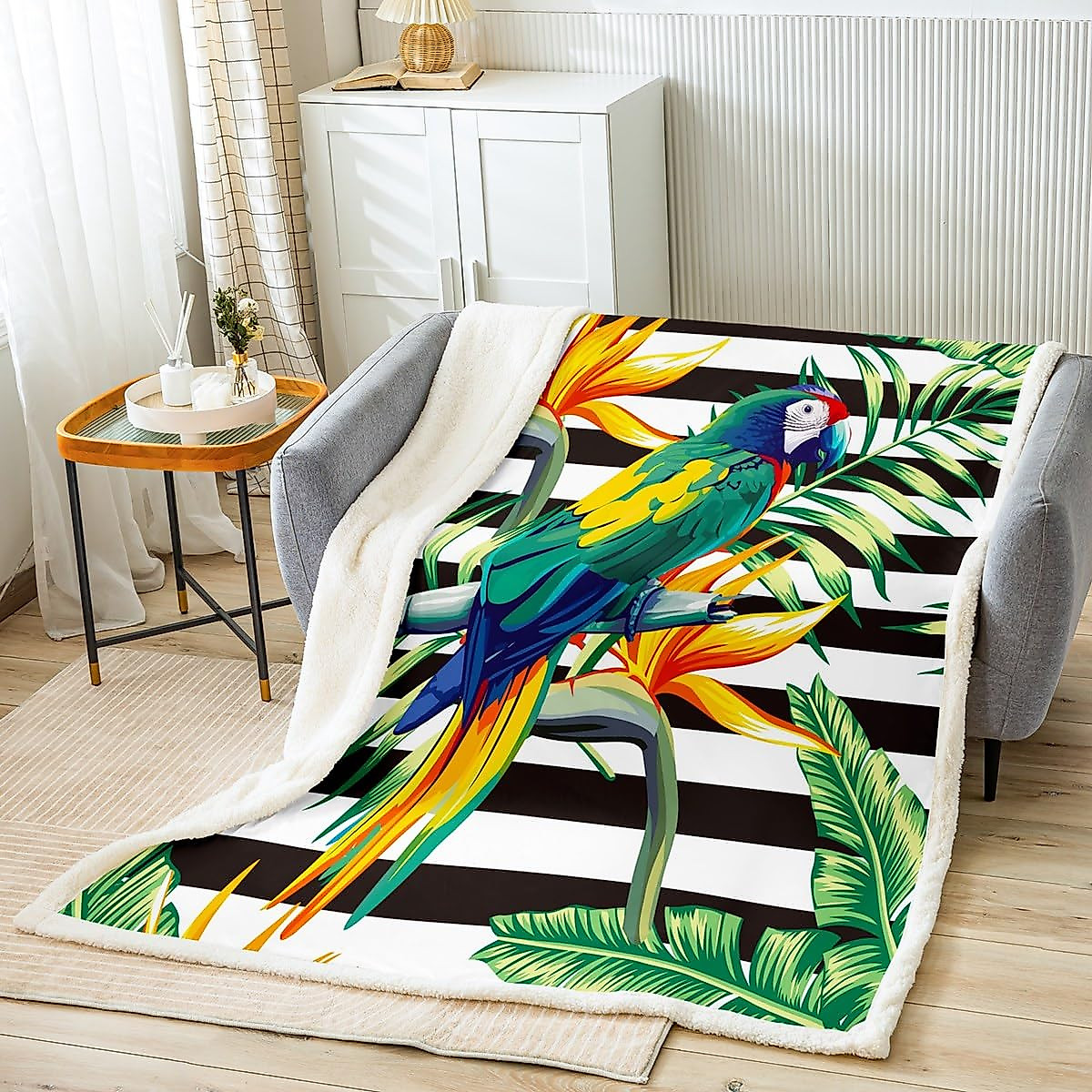 Erosebridal Tropical Tree Blanket 40"X50",Black White Stripe Throw Blanket for Couch,Green Plant Palm Leaves Sherpa Blanket Bird Animal Botanical Yellow Floral Plush Blanket Dorm Decor for Kids