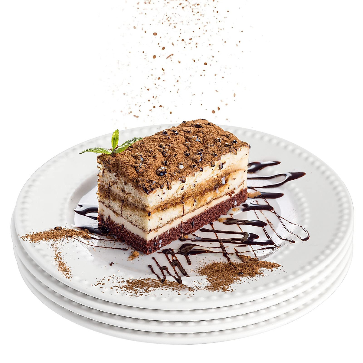 Wareland Bright White Embossed Dots Square Dessert Plates Set of 6 & 8 inch Embossed Salad Plates Set of 4