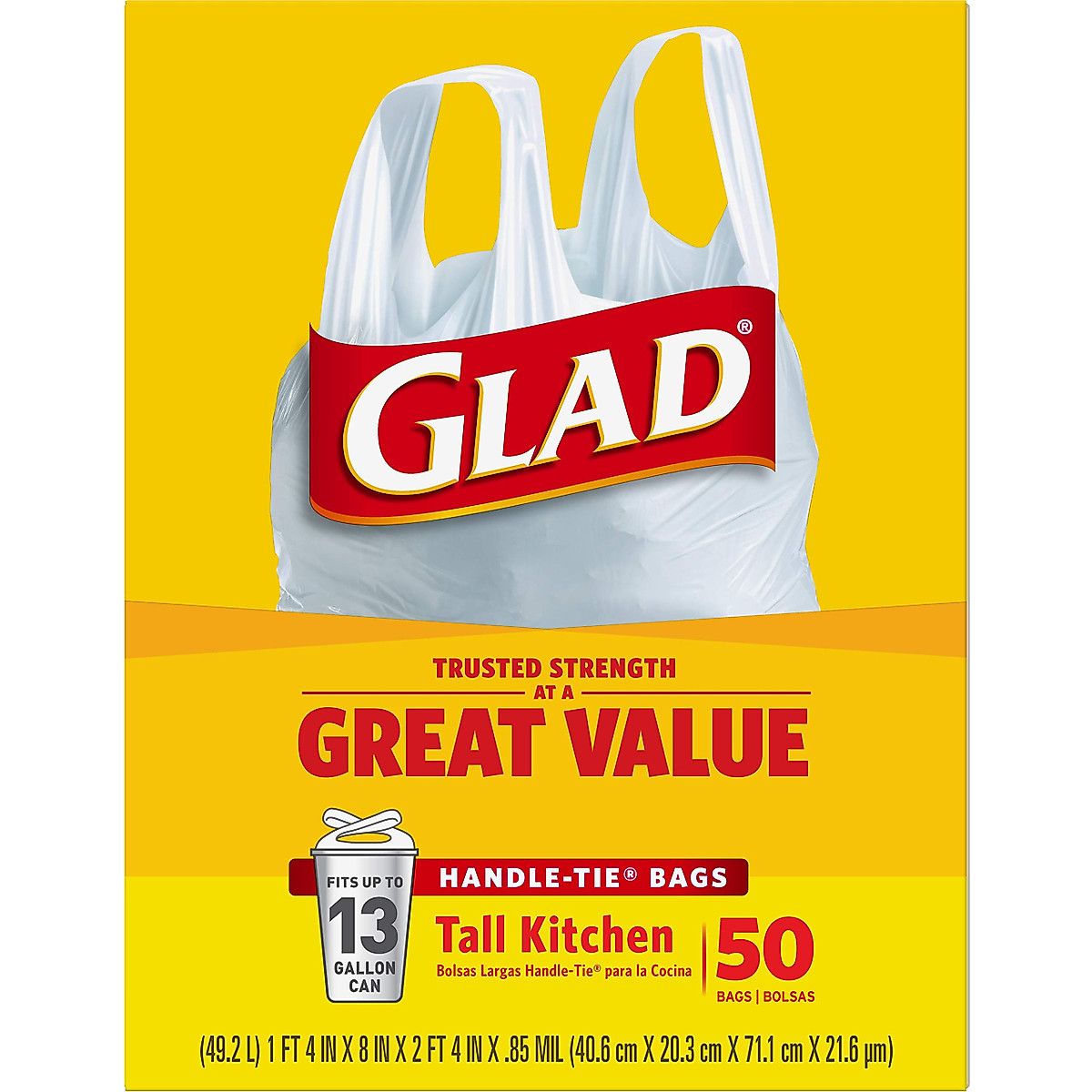 Glad® Tall Kitchen Handle-Tie® Trash Bags - 13 Gallon White Trash Bag - 50 Count (Package May Vary)