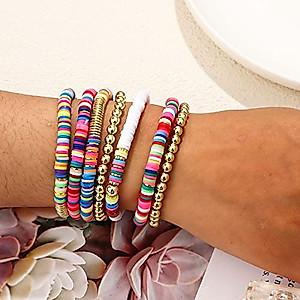 DIMISHIN Heishi Bracelet for Women Clay Bead Bracelet Stackable Beaded Stretch Bracelet Elastic Layered Colorful Beaded Bracelet Set (Colorful 7pc)