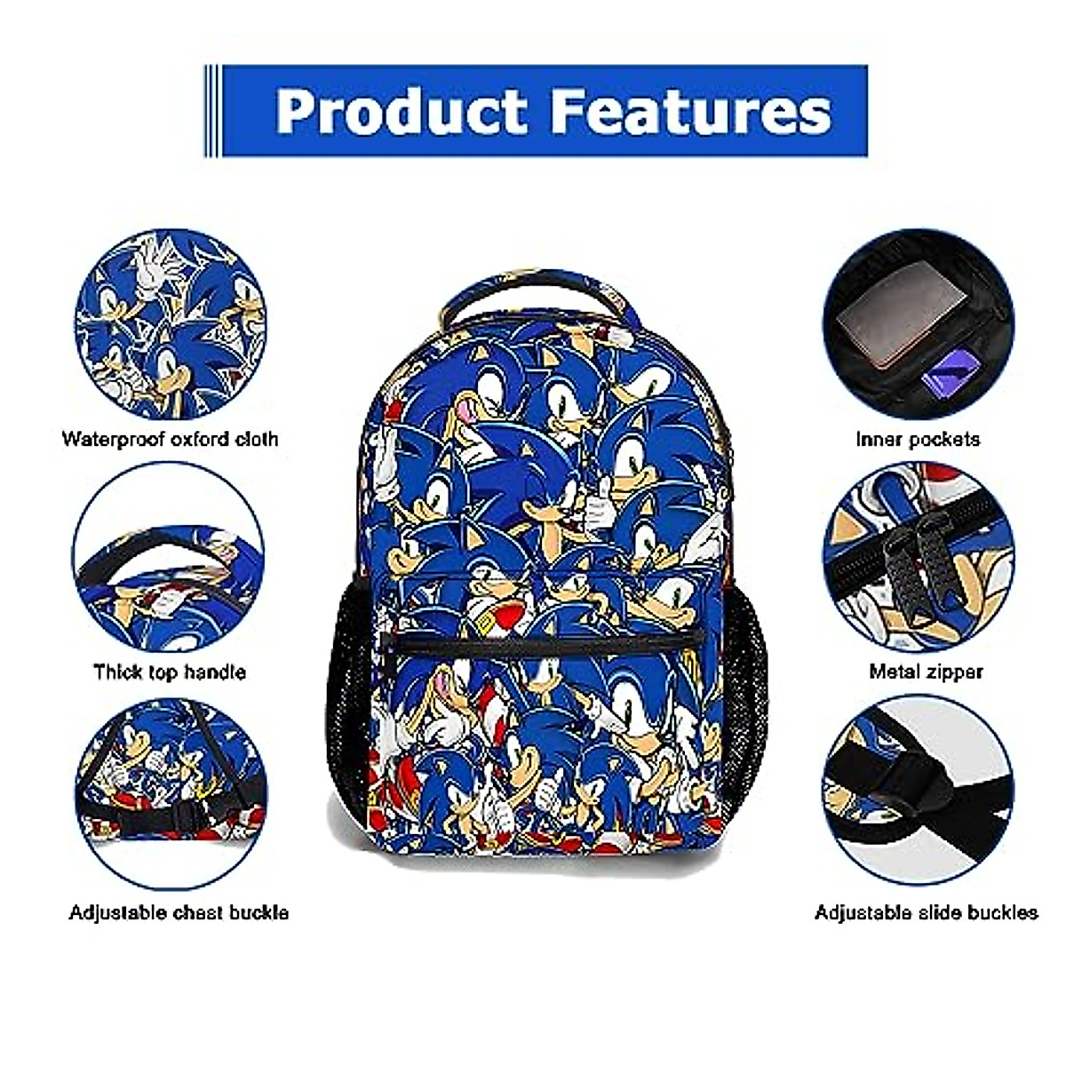 POLYES Cool Cartoon Backpack, 5Pc Gaming Backpack Bundle with Keychain, Stickers, Badges, Bracelets, Travel Bag for Game Fans Gift (blueA)