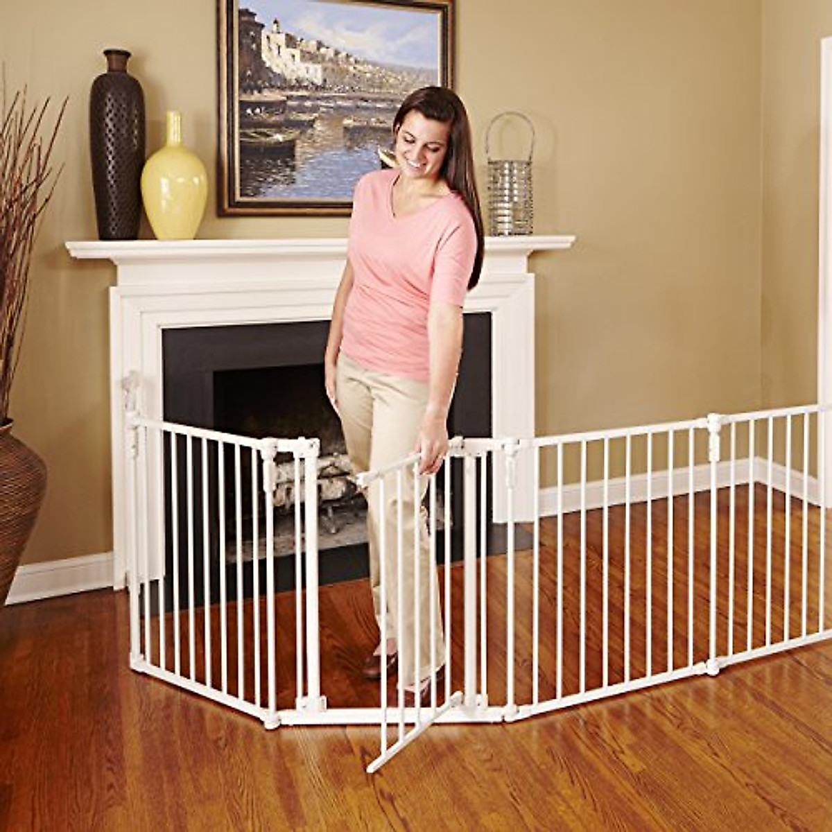 Toddleroo by North States 3 in 1 Metal Superyard: 151" long extra wide baby gate, barrier or play yard. Hardware or freestanding, 6 panels, 10 sq.ft. enclosure (30" tall, Taupe)