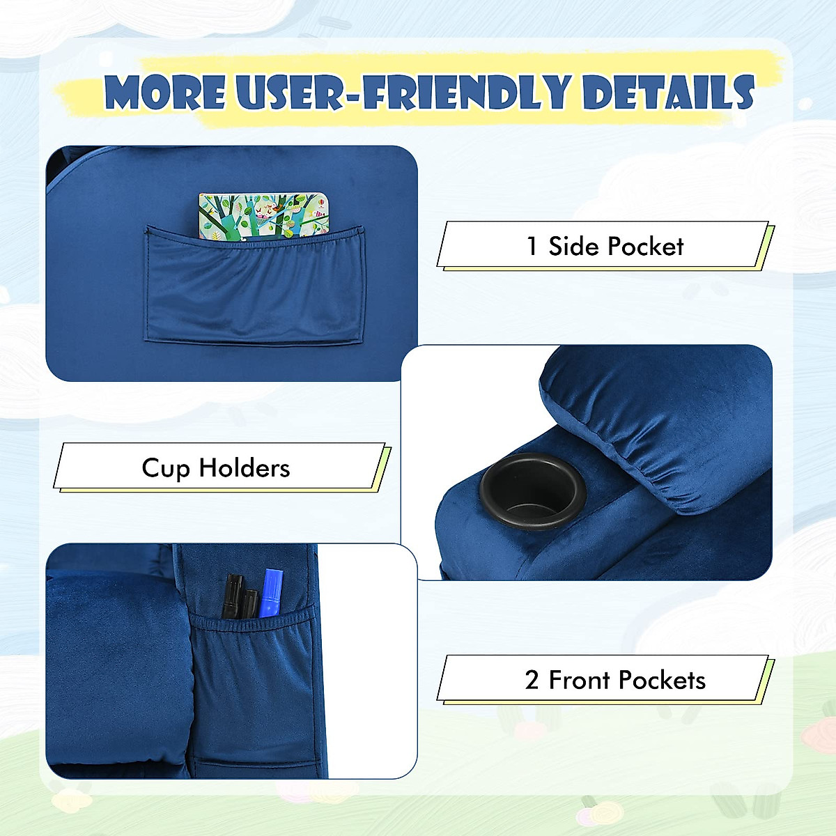 GLACER Kids Recliner, Velvet Adjustable Baby Recliner w/Cup Holder, Footrest, Lumbar Support, Armrests, Side Pockets, Kids Recliner Chairs for Toddlers for Boys Girls Age 3+, Toddler Recliner (Blue)