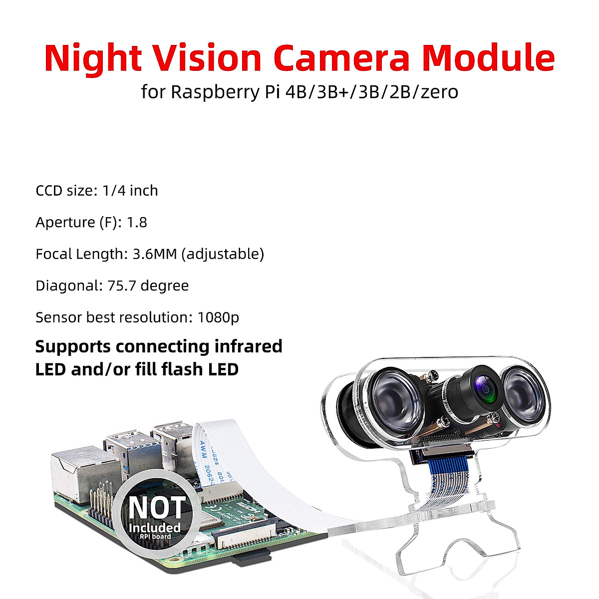 Smraza Camera Module for Raspberry Pi 4 with 5MP 1080p OV5647 Video Webcam Supports Night Vision Camera Module Compatible with Raspberry Pi 3 B+ / 3B / 2 Model B B+